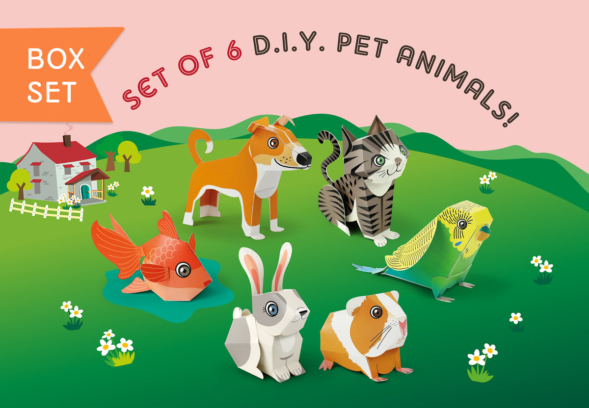 BOX SET of 6 DIY Mini Pet Animals Paper Craft Kits for kids. dog, cat ...